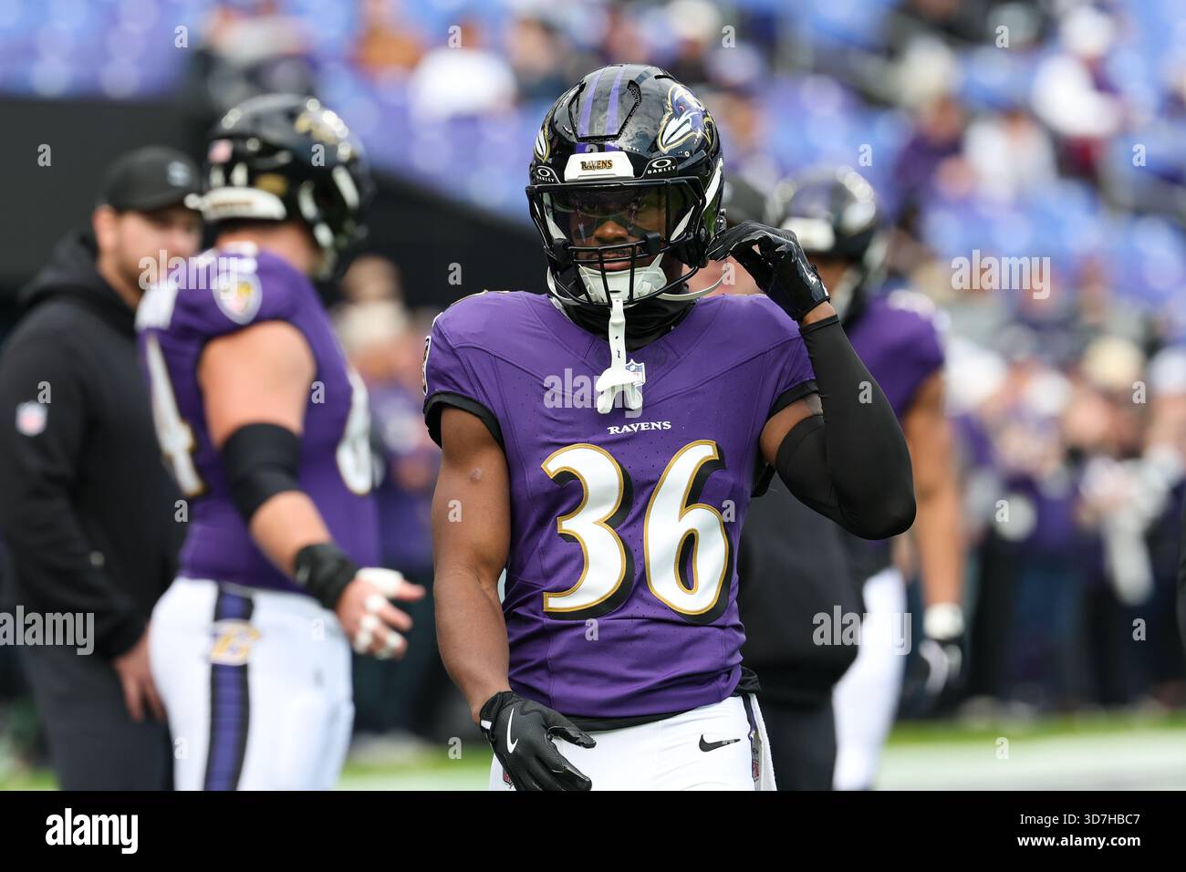 Baltimore Ravens cornerback Amani Oruwariye (36) looks on during pre ...