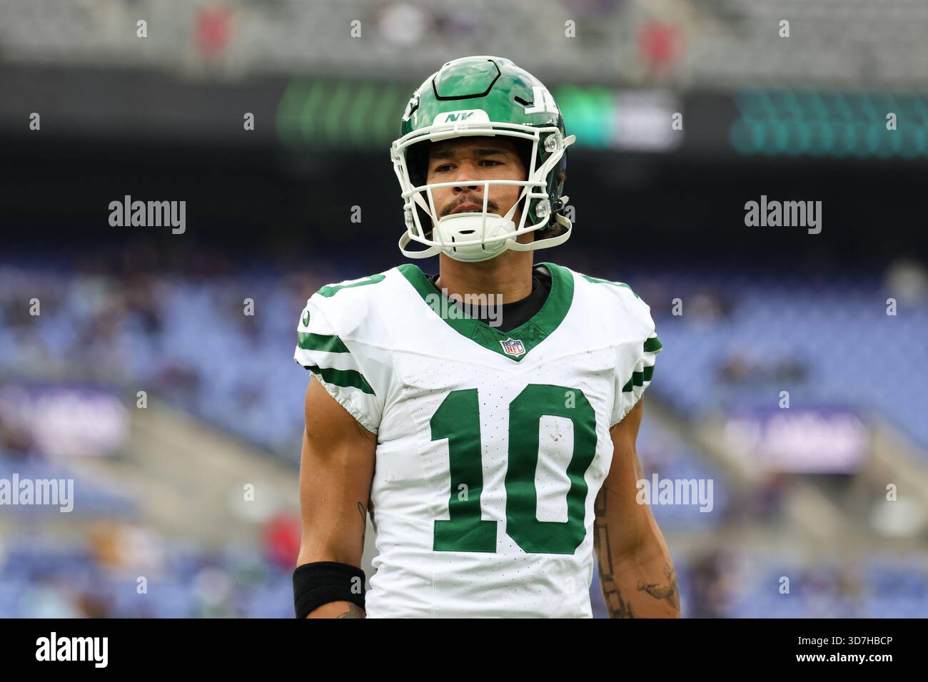 New York Jets wide receiver Allen Lazard (10) looks on during pre-game ...