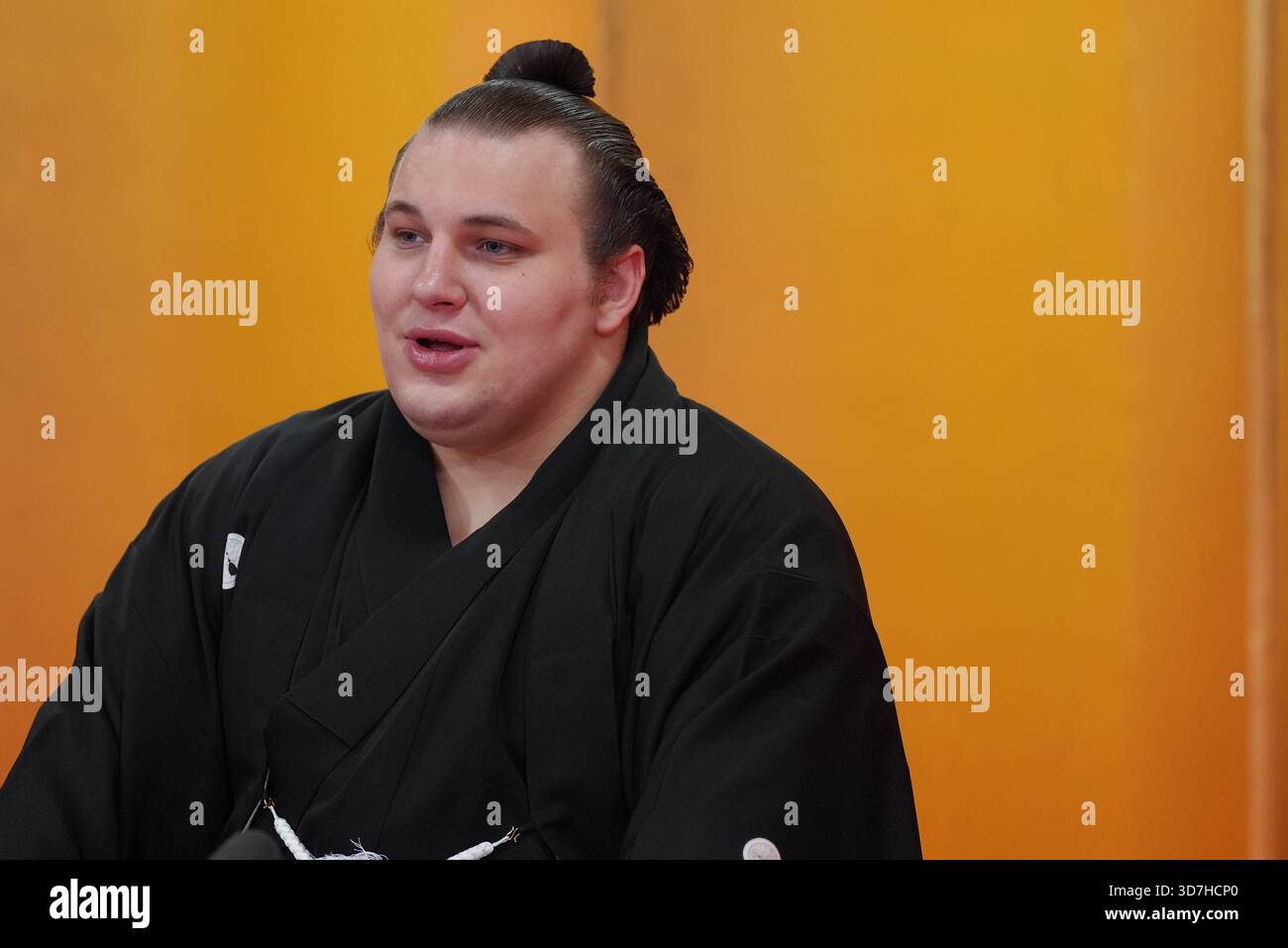 Sekiwake ranked Aonishiki of Ukraine attends a press conference with ...