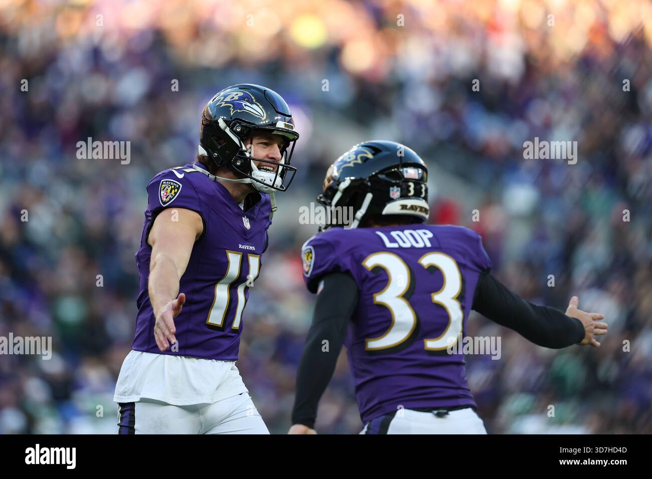 Baltimore Ravens punter Jordan Stout (11) celebrates his punt with ...