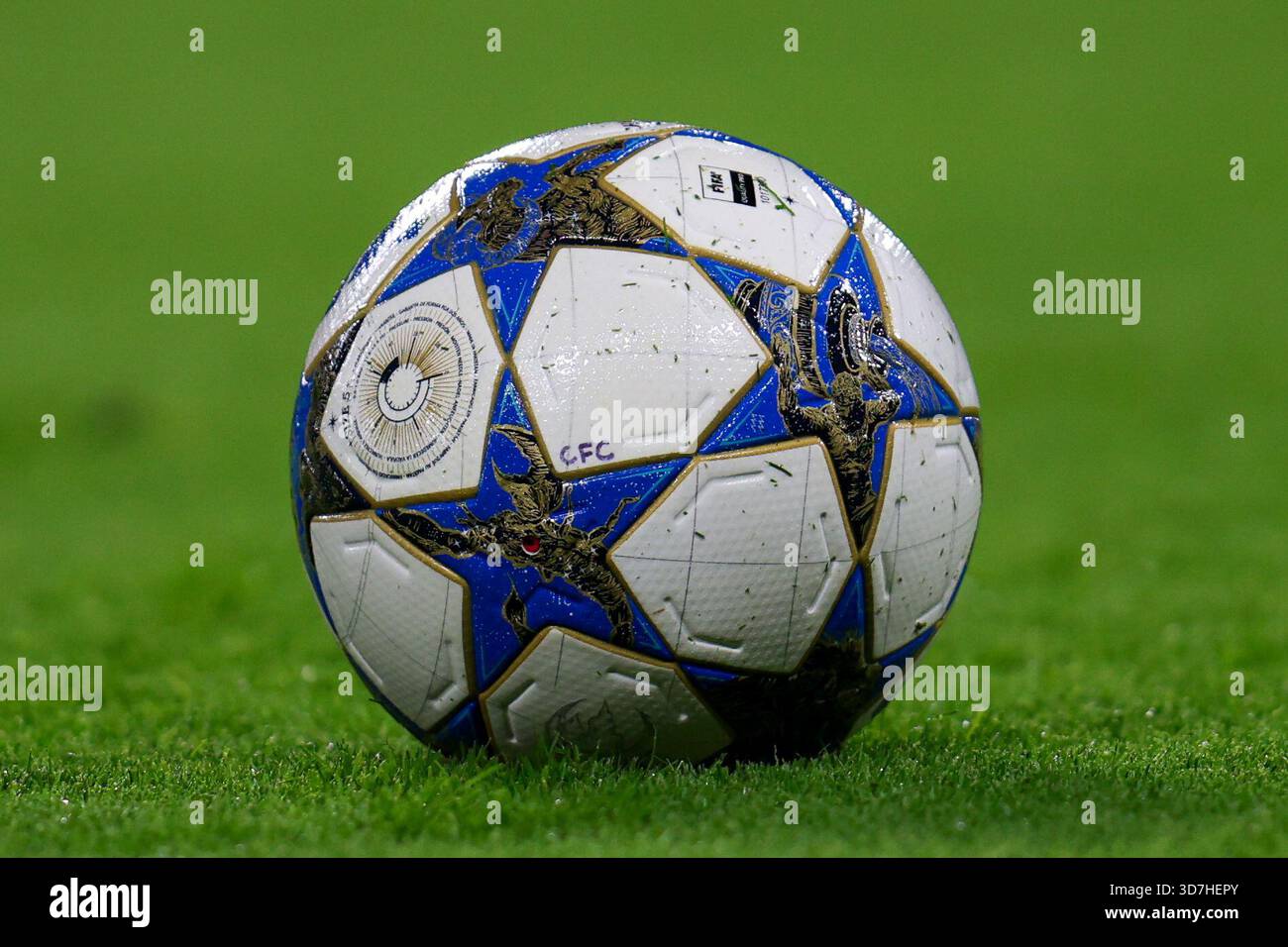 Match ball with 'CFC' written over during the UEFA Champions League ...