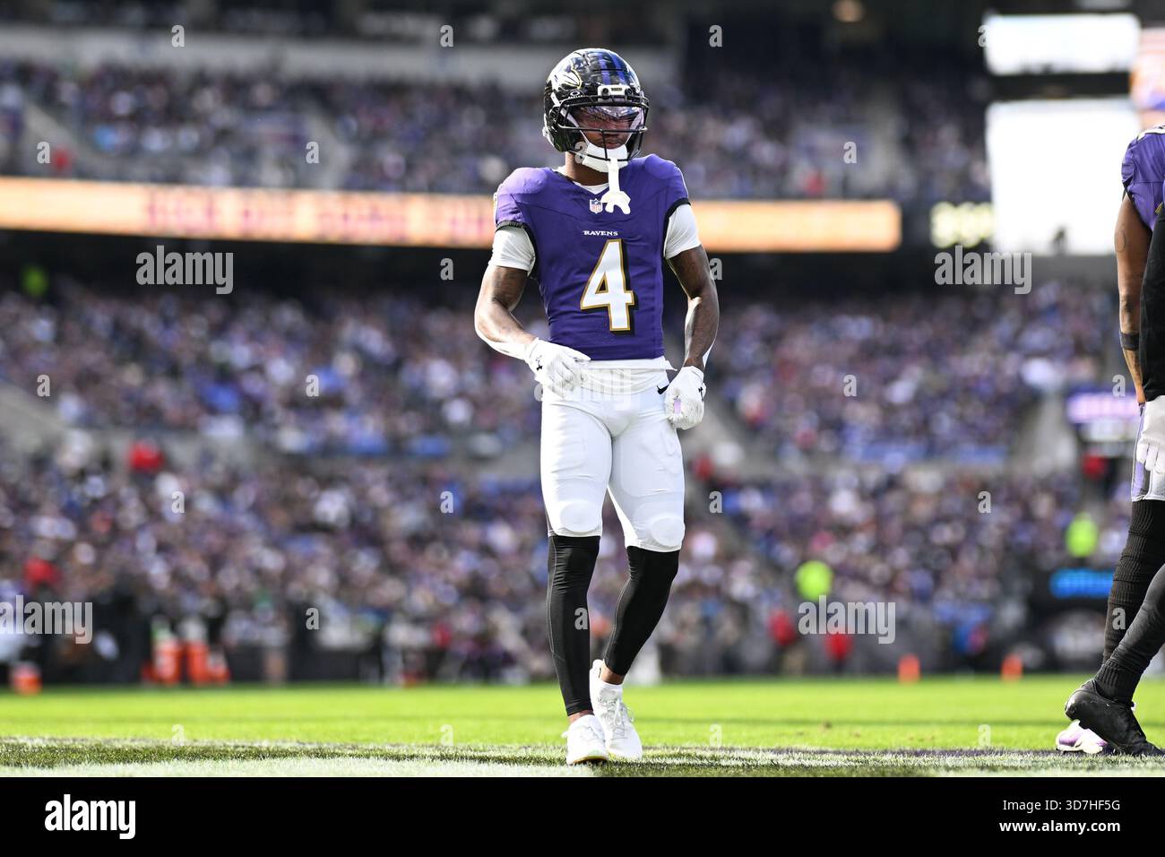 Baltimore Ravens wide receiver Zay Flowers walks onto the field during ...