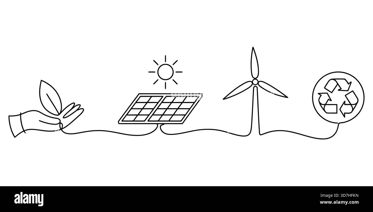 Continuous line drawing of renewable energy and eco-friendly concepts ...
