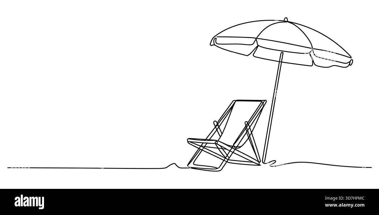 Continuous line drawing of a beach umbrella and a lounge chair Stock ...
