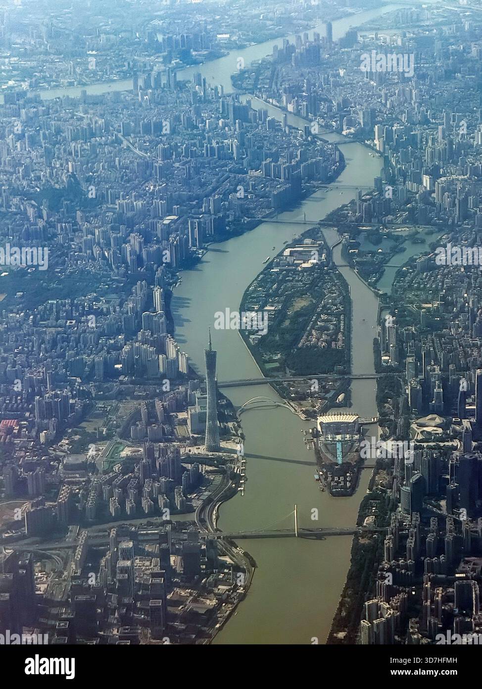 An aerial view of the Pearl River running through the town of Guangzhou ...