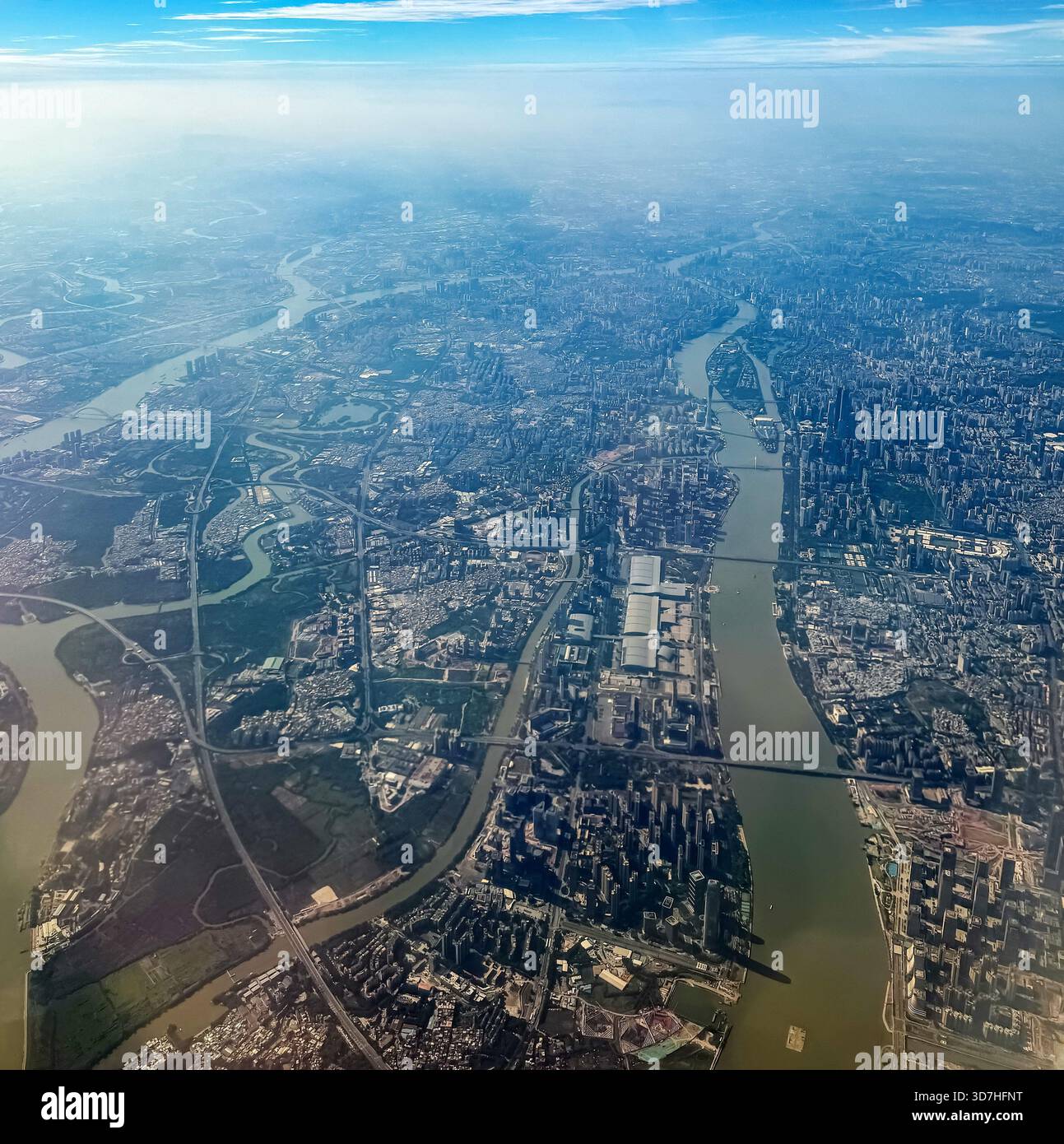 An aerial view of the Pearl River running through the town of Guangzhou ...