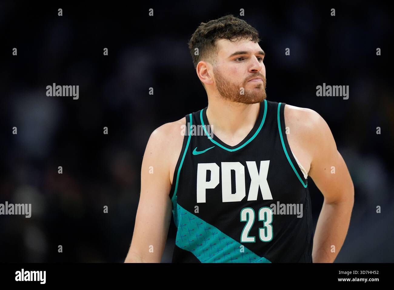 Portland Trail Blazers' Donovan Clingan looks on during an NBA ...
