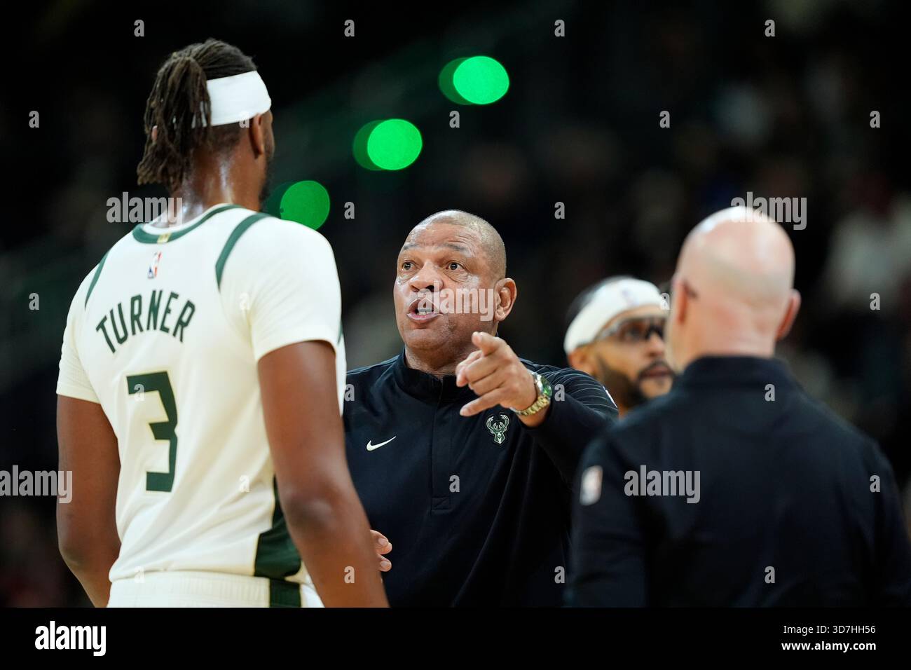Milwaukee Bucks head coach Doc Rivers talks with Myles Turner during an ...