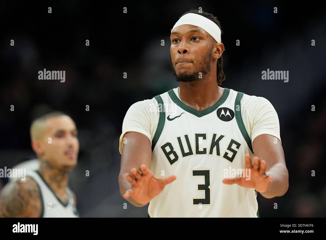 Milwaukee Bucks' Myles Turner gestures to an official during an NBA basketball game against the ...
