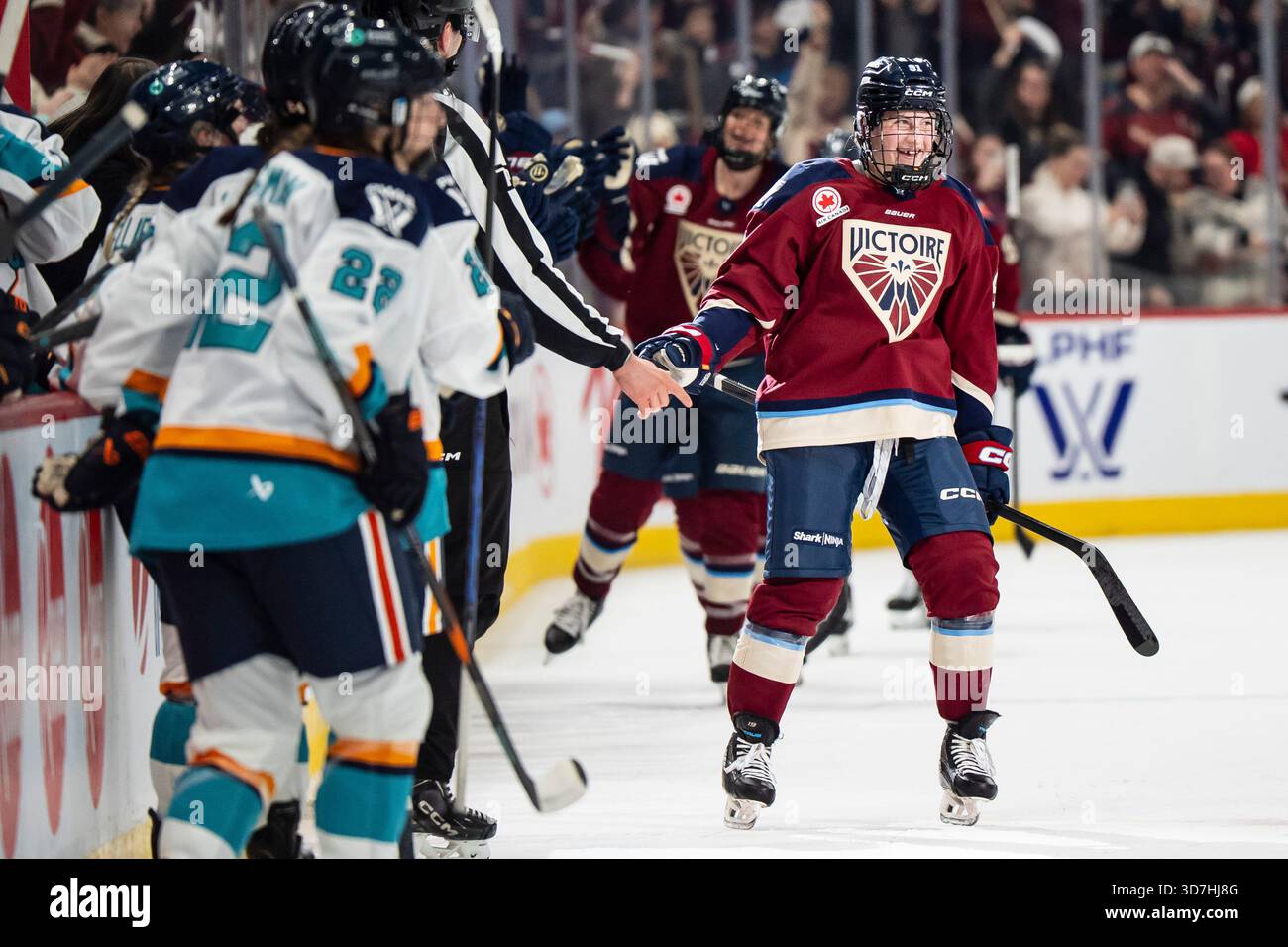 Montréal Victoire's Maggie Flaherty (91) celebrates her goal on an ...