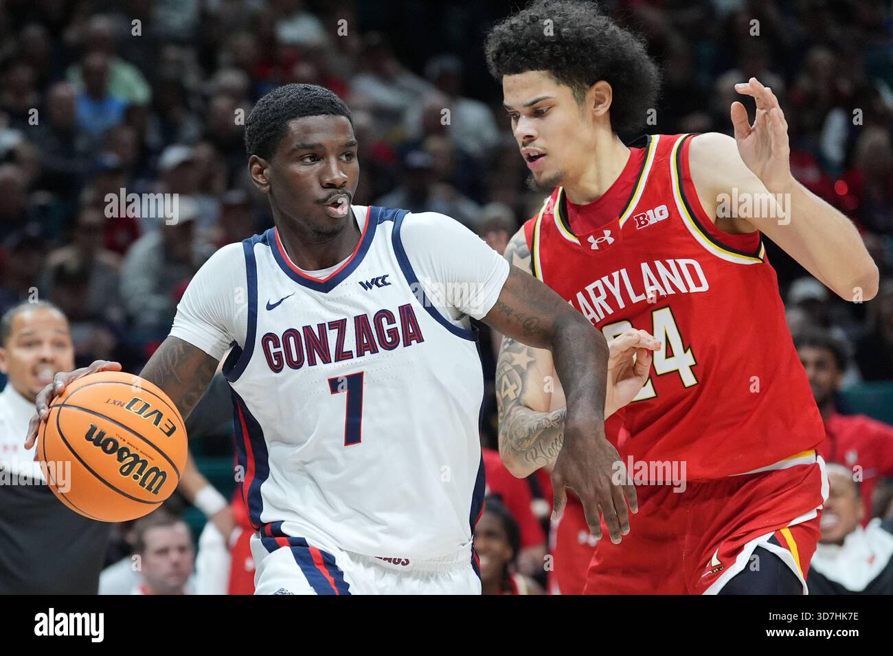 Gonzaga guard Tyon Grant-Foster (7) drives around Maryland forward ...