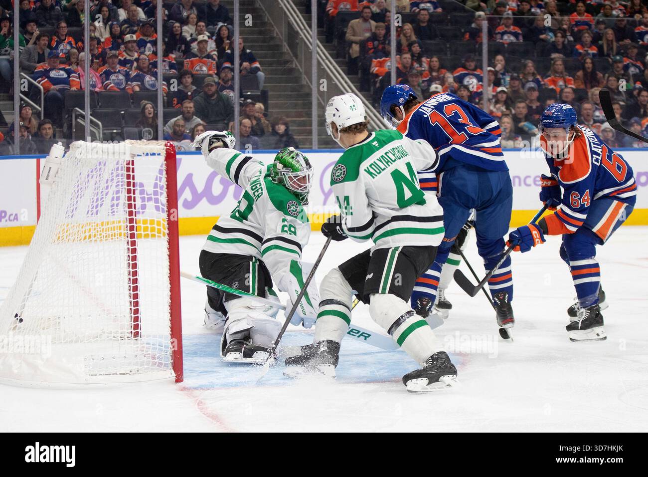 Dallas Stars' goalie Jake Oettinger (29) is scored on by Edmonton ...