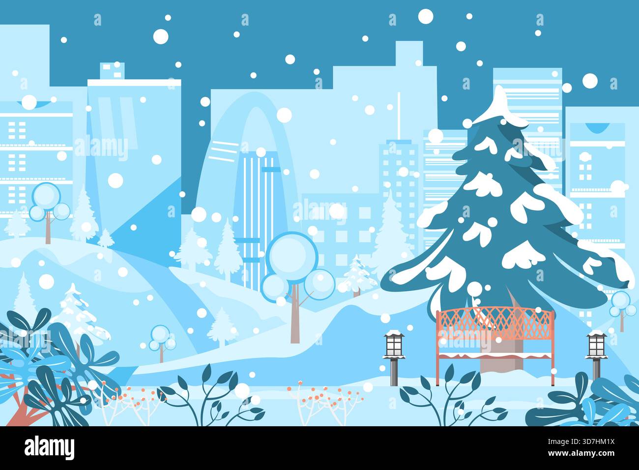 Park outdoor in winter with building background and snowing Stock ...