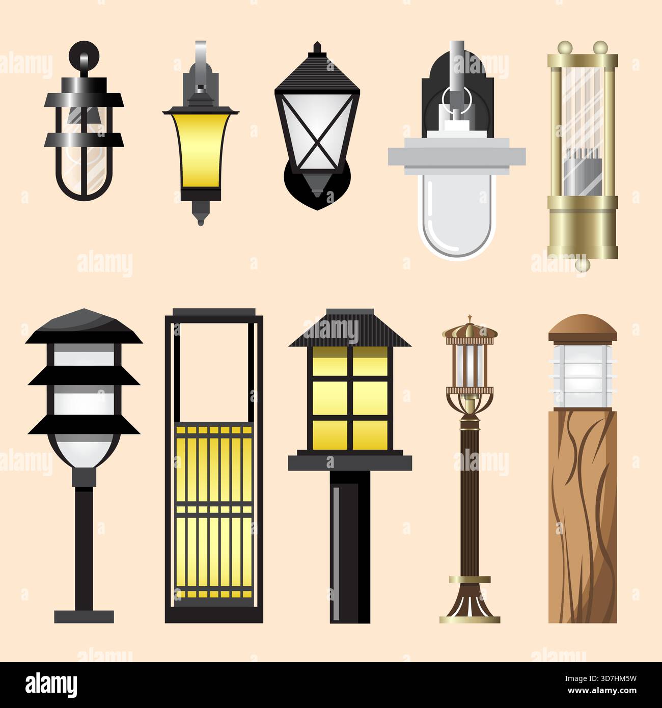 Collection of wall lamps and garden in lamps on cream background Stock ...