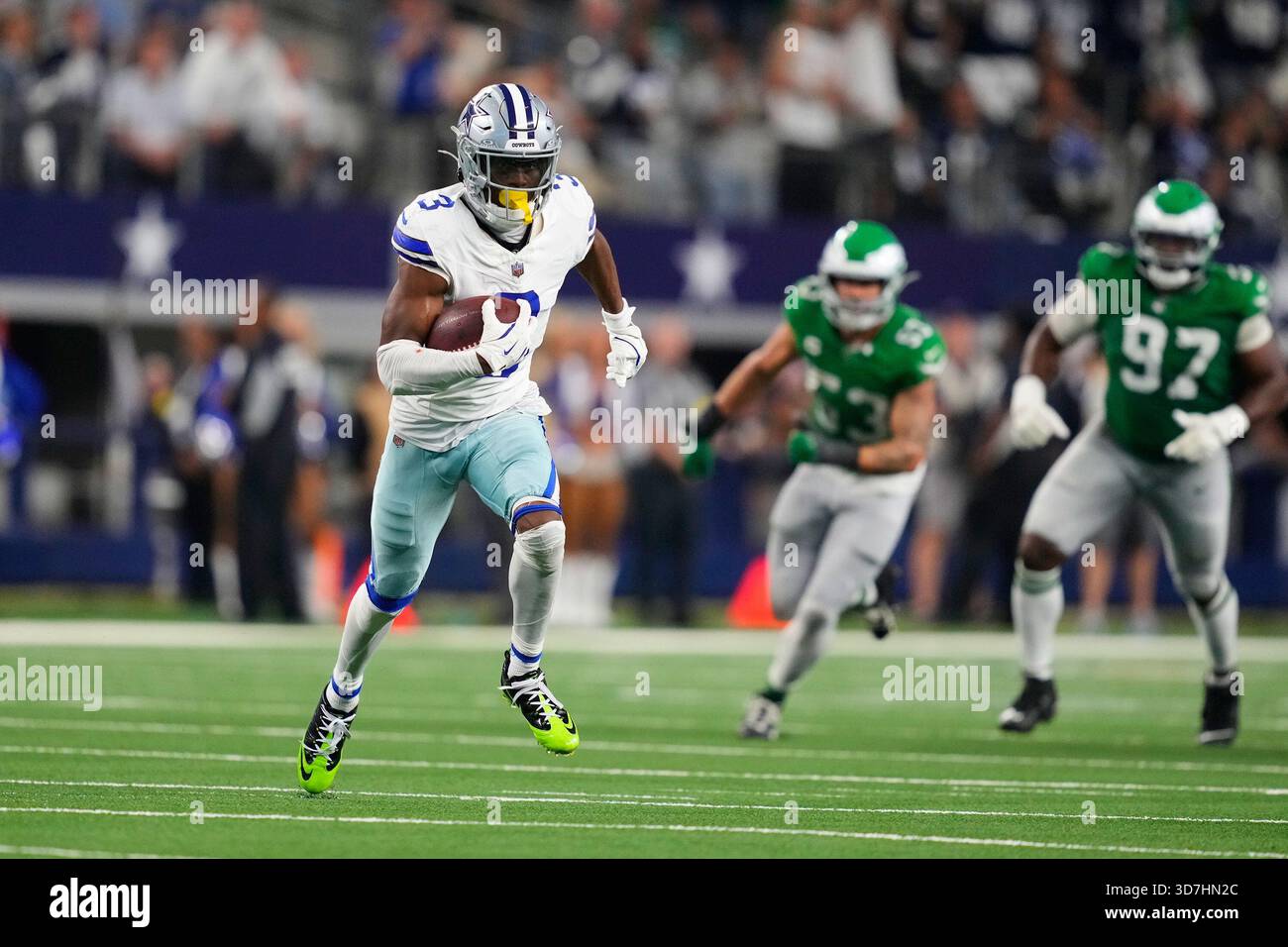 Dallas Cowboys wide receiver George Pickens gains yards after making a ...