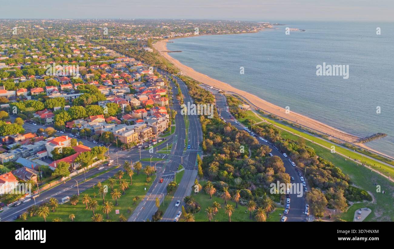 An expansive aerial photograph of Melbourne's coastal suburbs ...