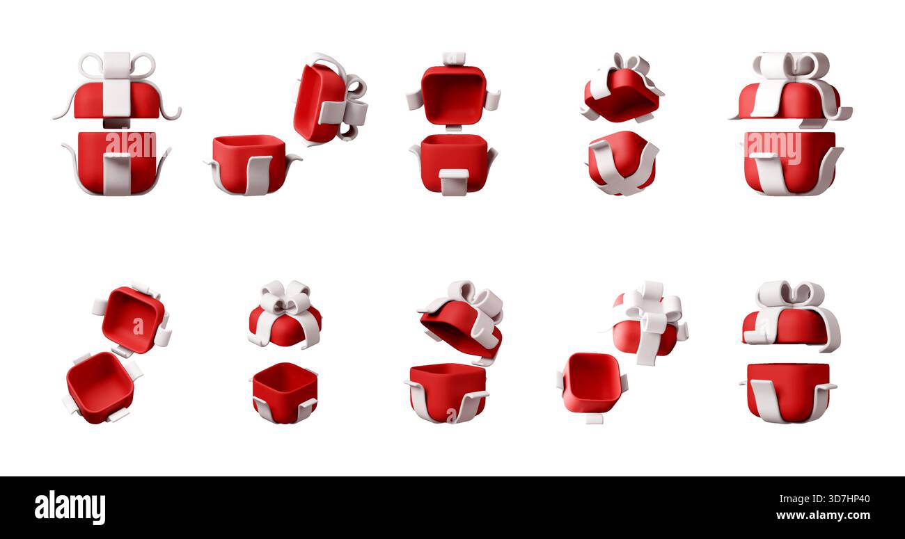 3D Red gift box set with white ribbon in various open and closed ...