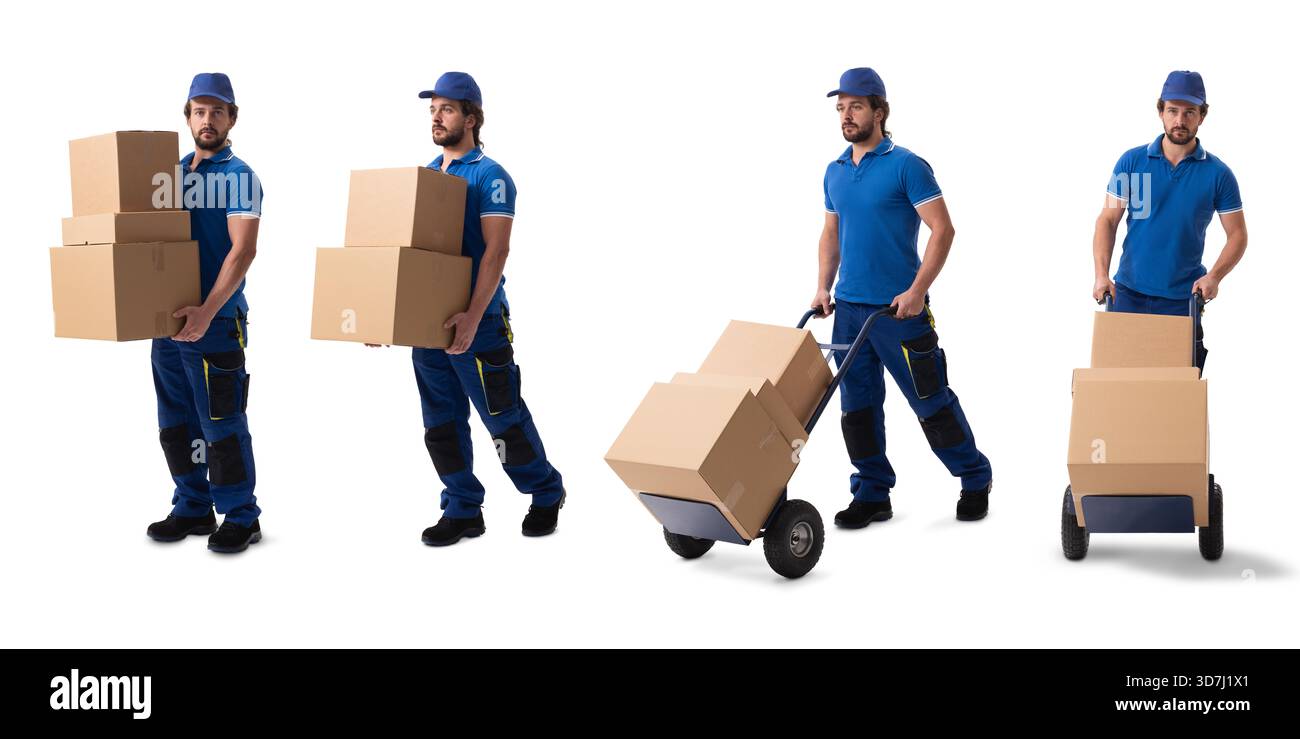 A collage of a delivery courier in multiple poses with a hand cart of ...