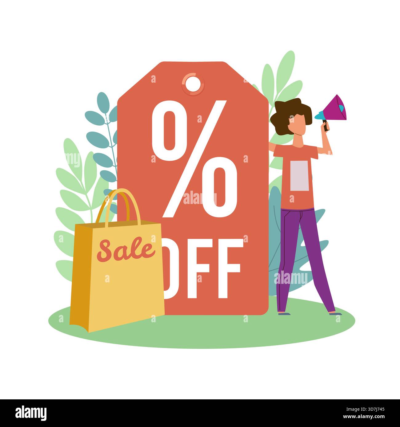 Discount season. Man hold megaphone, sale special offer with price tag ...
