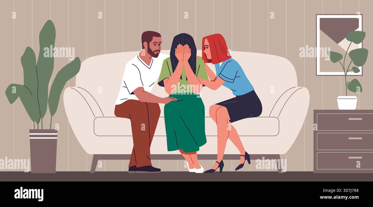 Consoling crying person. Friends support woman in tears, sad depressed ...