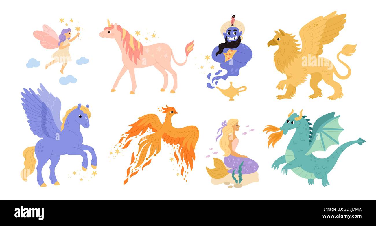 Cartoon mythical creatures. Fabulous characters, fairytale animals and ...