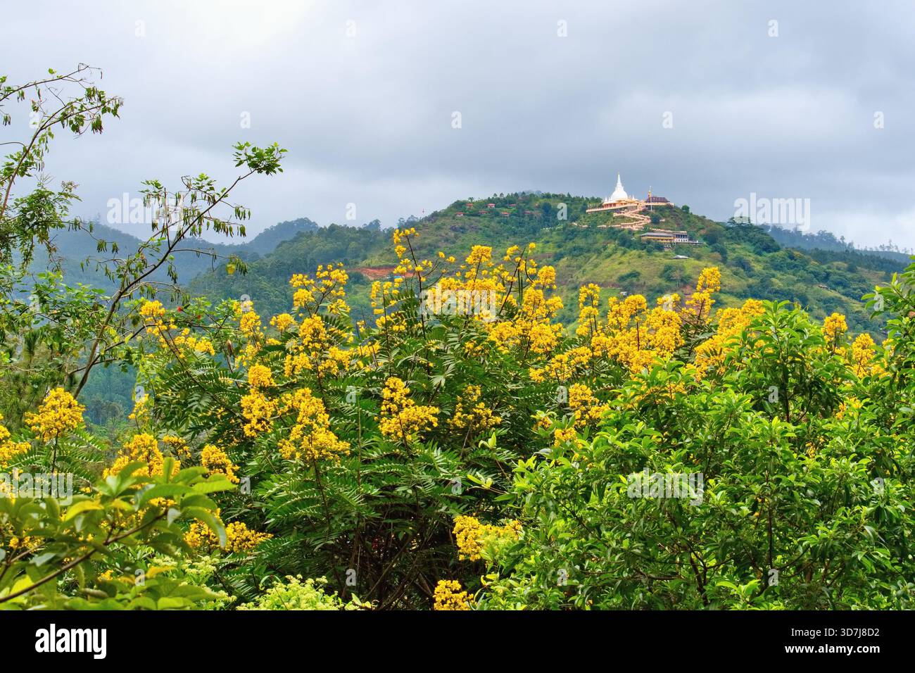 Central Sri Lanka landscape with Mahamevnawa buddhist temple on the ...