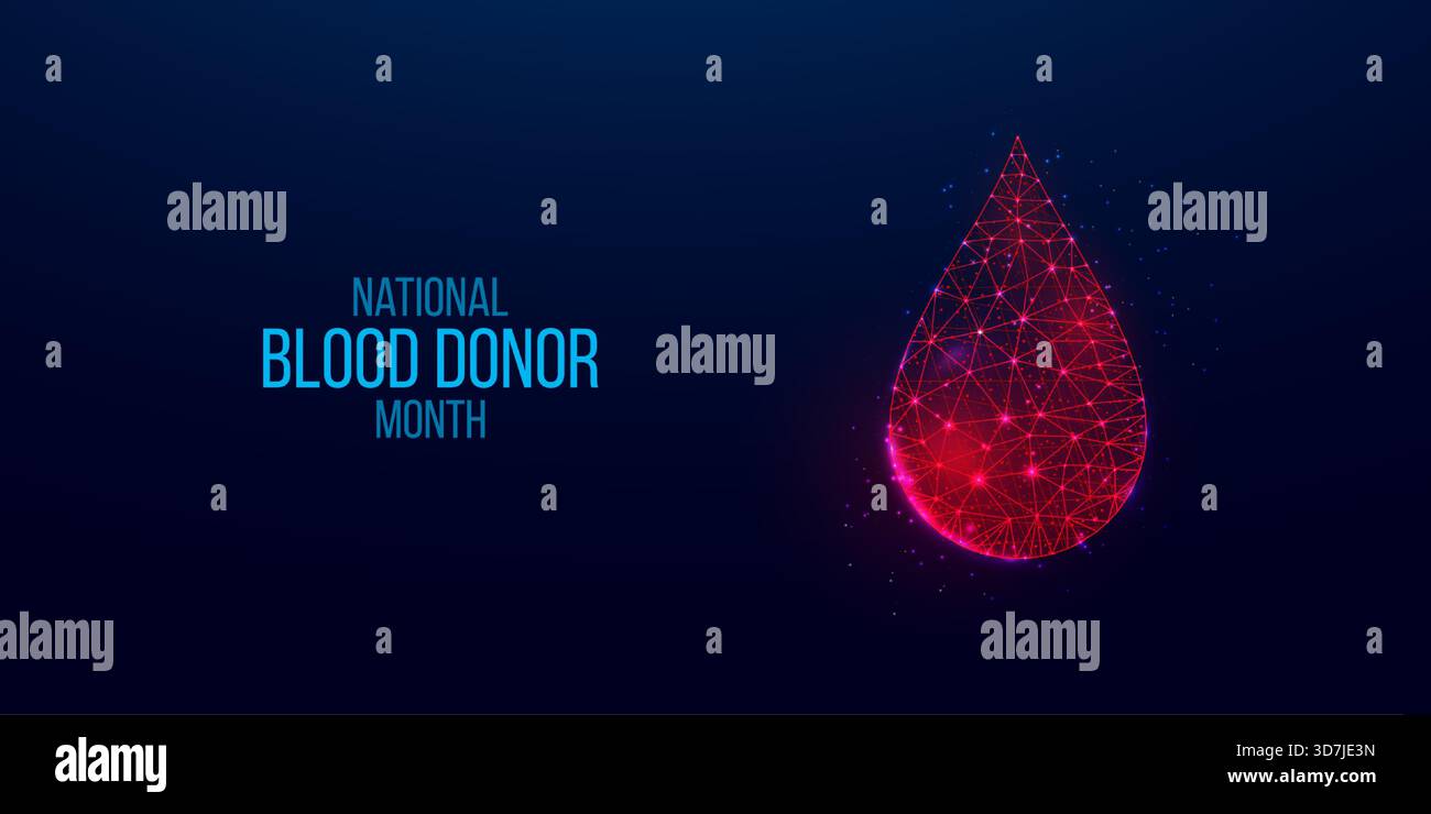 National Blood Donor Month concept. Banner with glowing low poly red ...