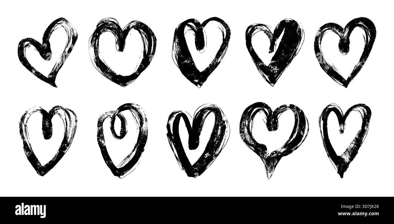 Black Grunge Heart Collection Isolated on White Background. Hand drawn ...