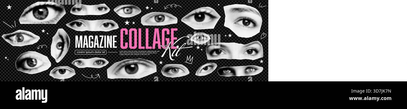 Collage eye collection. Doodle and tear stickers with grunge paper ...