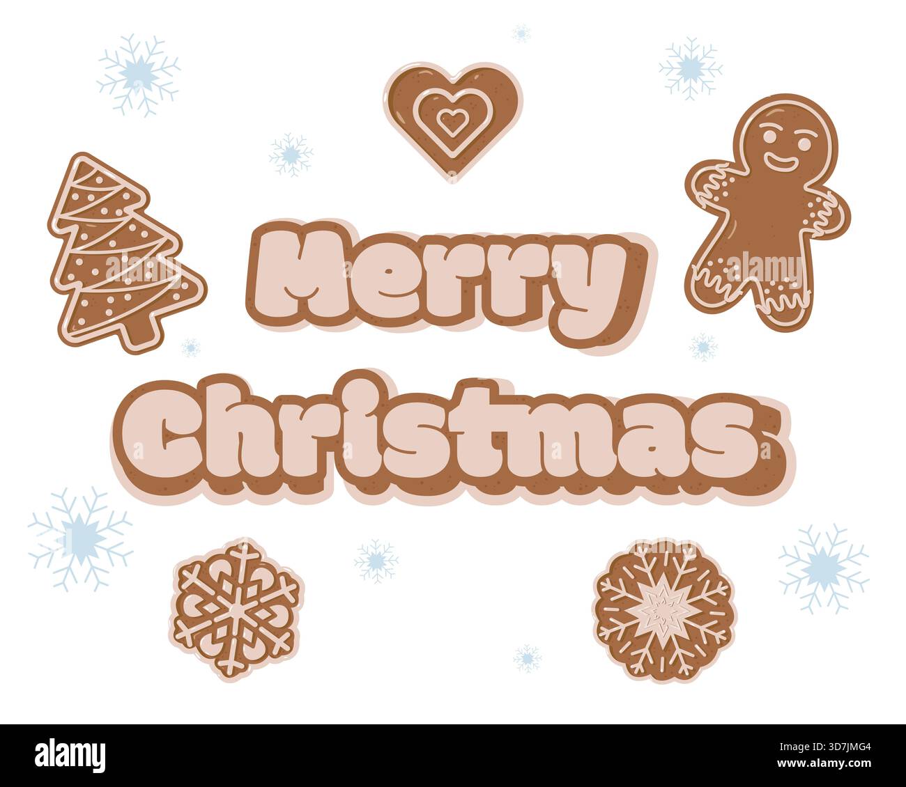 Merry Christmas in gingerbread-style lettering surrounded by festive ...
