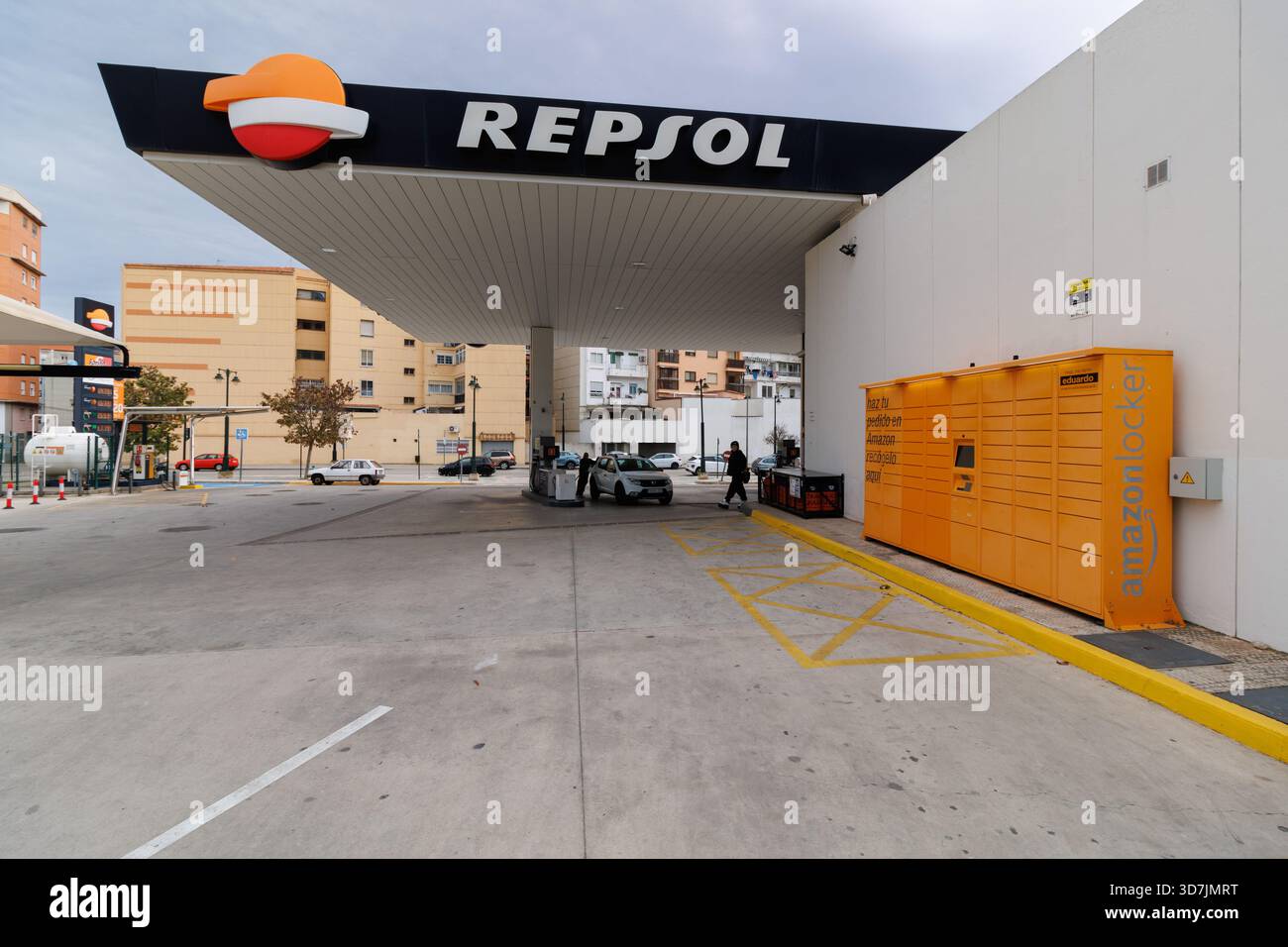 Repsol gas station and Amazon Locker in the urban area of Alcoy on ...