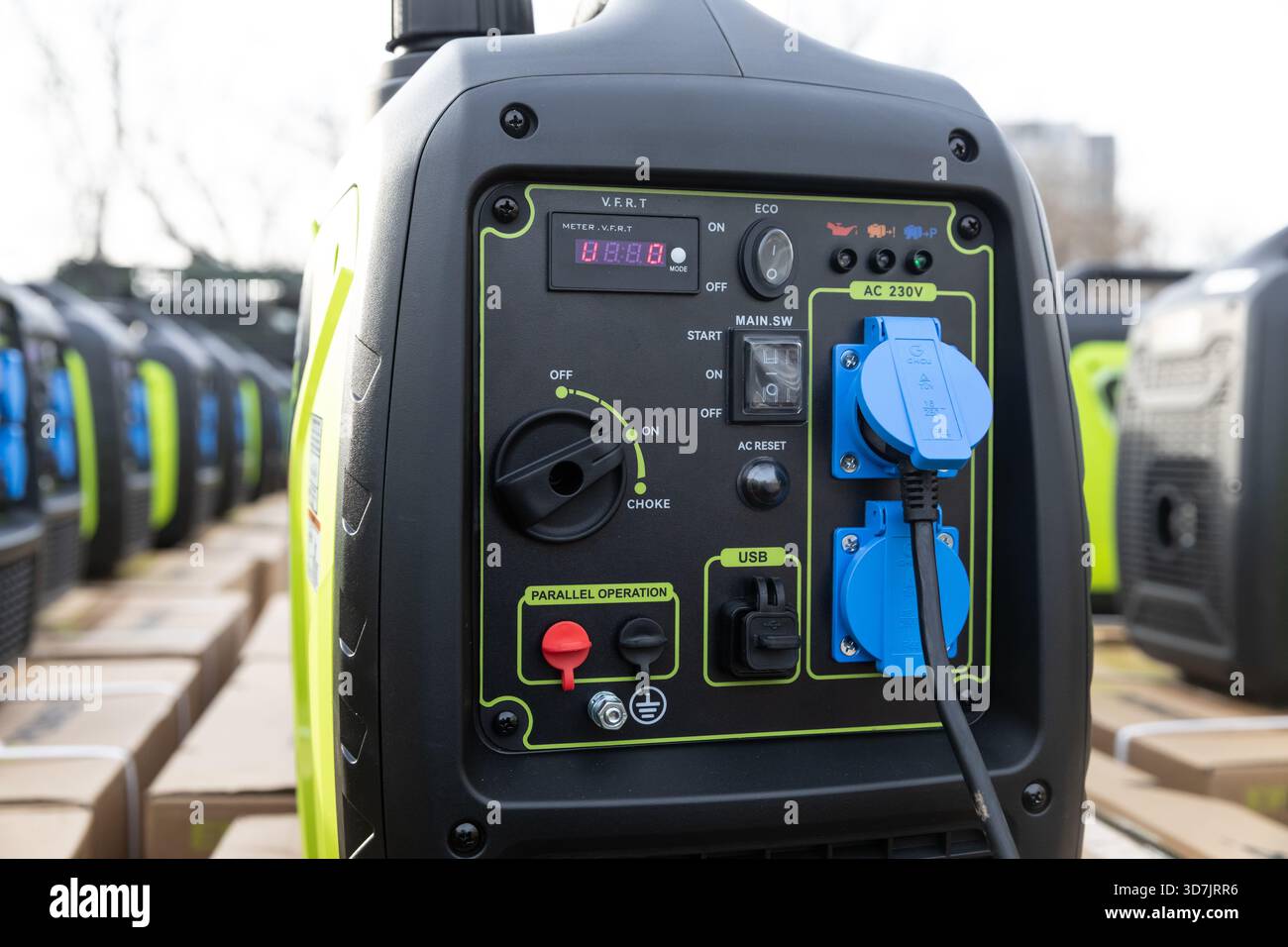 The control panel of one portable electric generator, part of a large ...