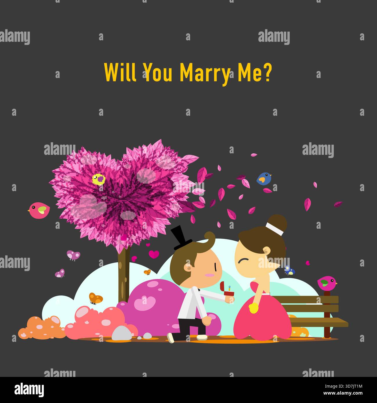 Adorable romantic proposal illustration of a man kneeling with a ring ...