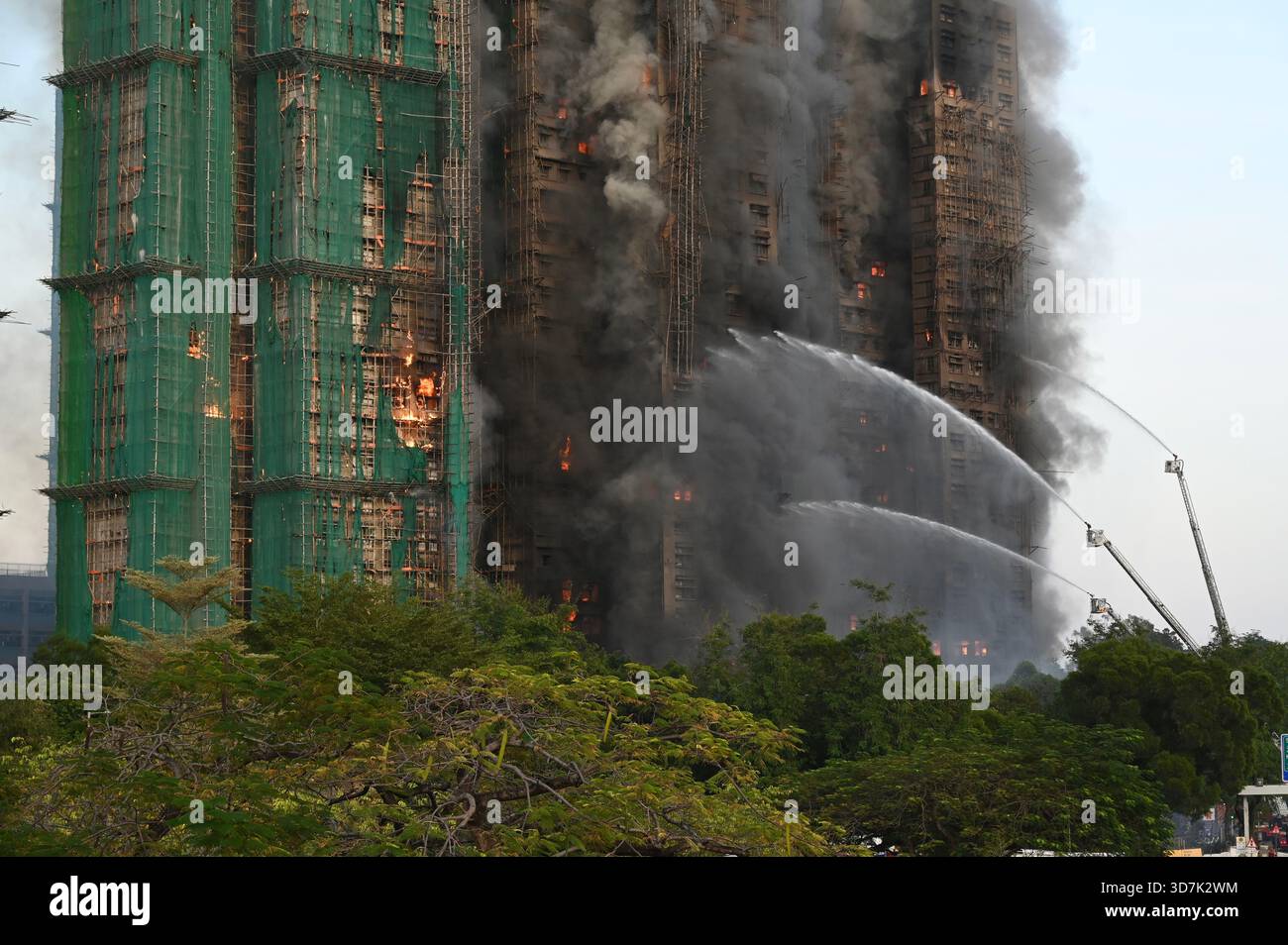A general view showing the major fire at Wang Fuk Court in Tai Po on November 26, 2025 in Hong ...