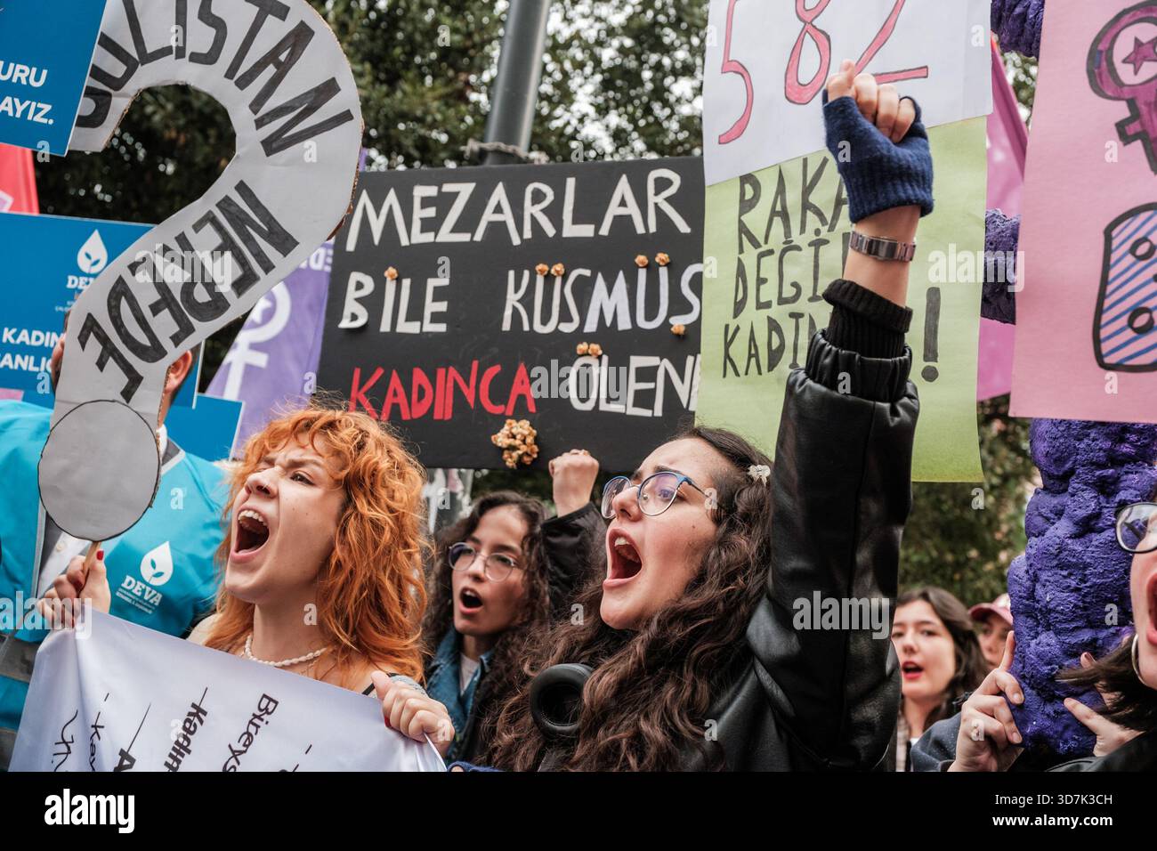 Female protesters chant slogans while holding placards expressing their ...