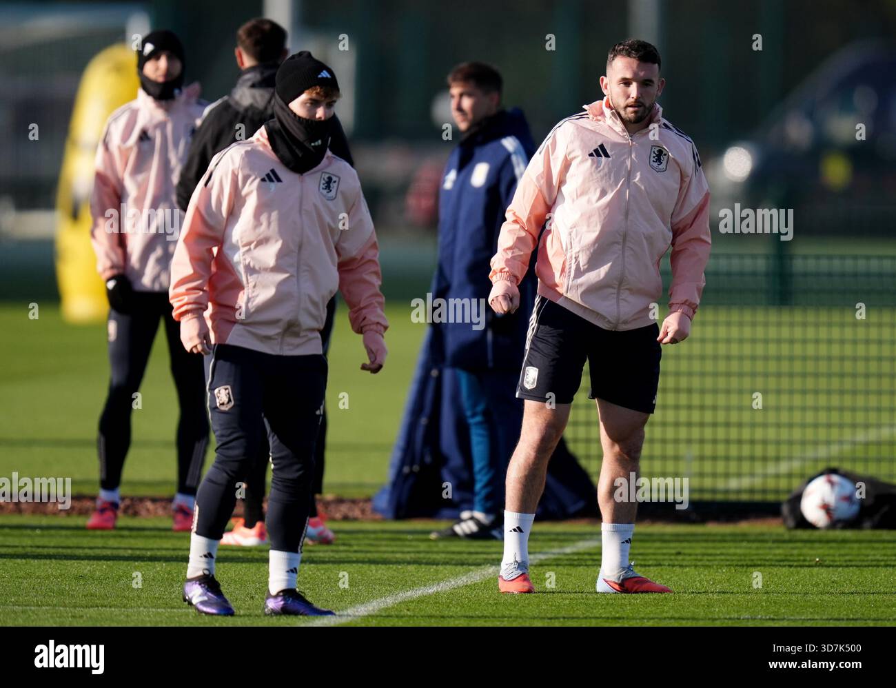 Aston Villa's John McGinn and Harvey Elliott (left) during a training ...