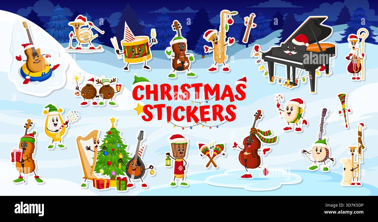 Cartoon winter Christmas music instruments festive stickers pack at ...