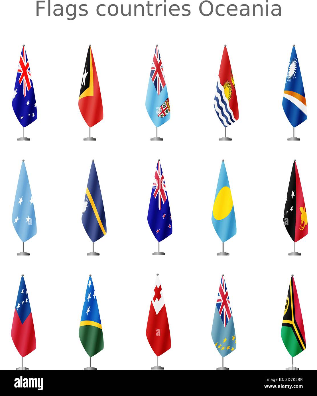 Set of flags of the countries of Oceania and Australia on a flagpole ...