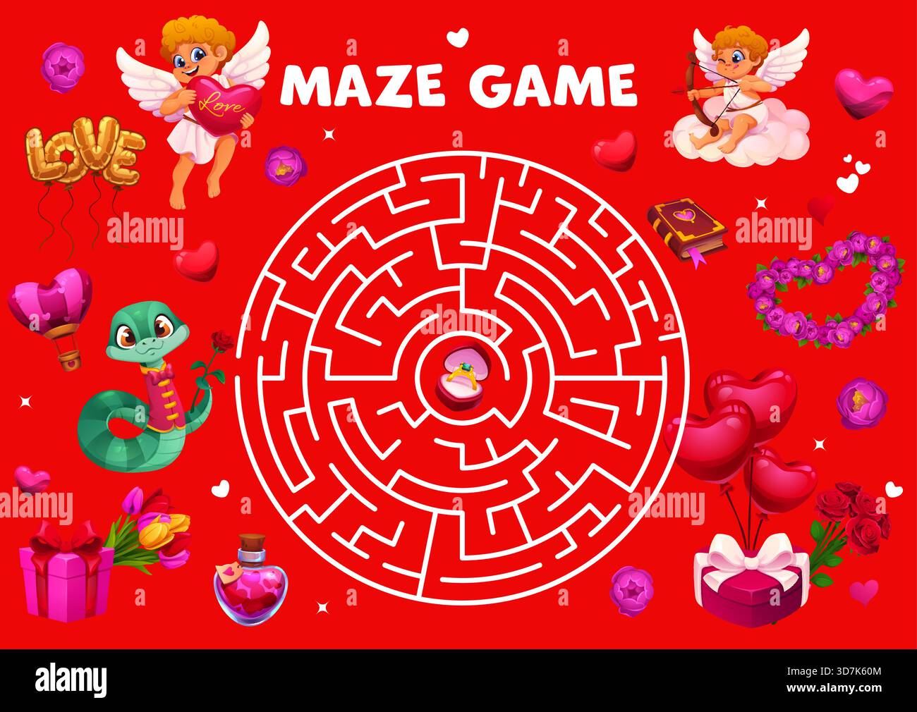 Valentines day labyrinth maze game with cherubs and snake. Cartoon ...