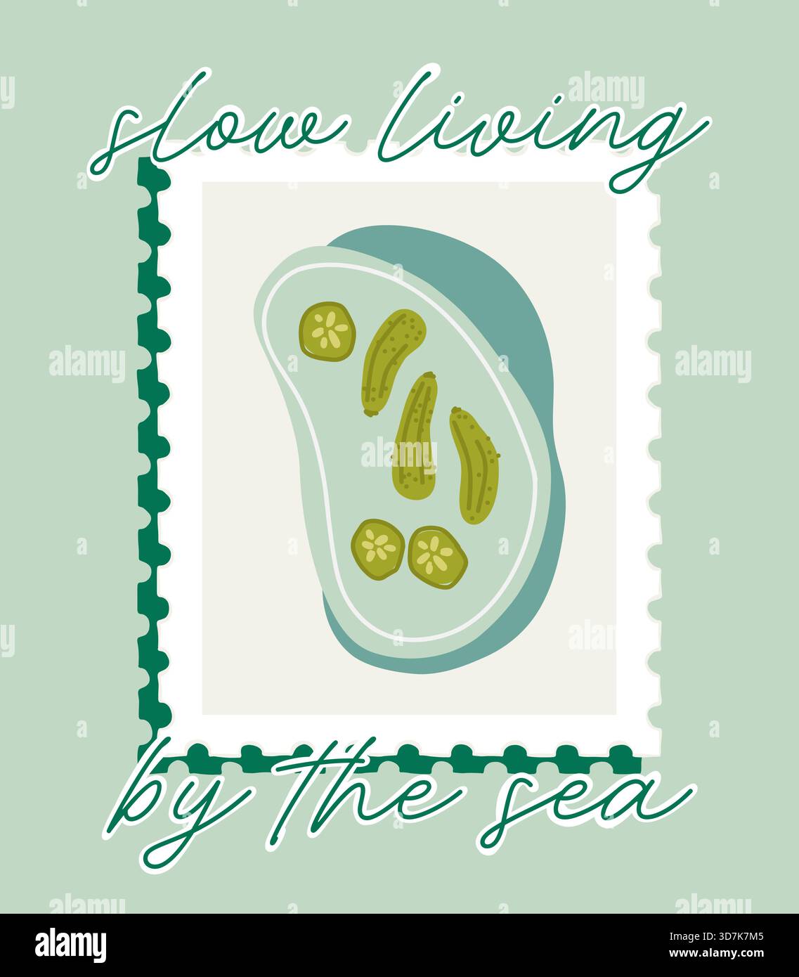 Pickled cucumbers in brine illustration on postage stamp with slow ...