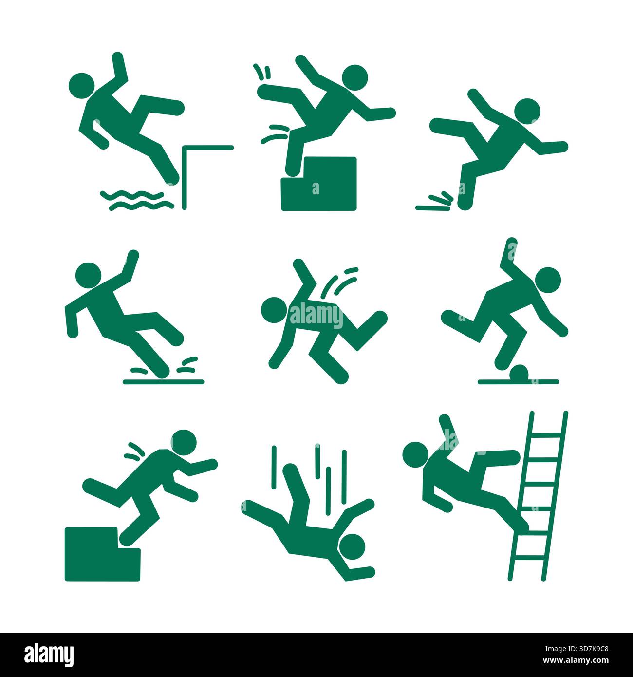 Set of caution symbols with falling stick figure man. He falls down the ...