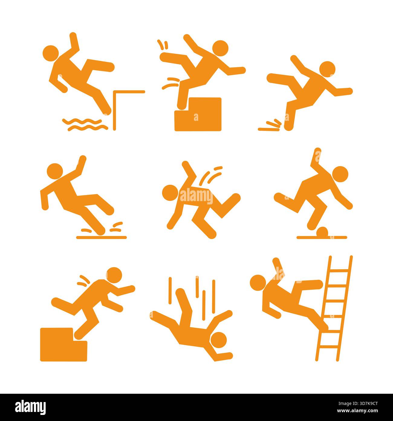 Set of caution symbols with falling stick figure man. He falls down the ...