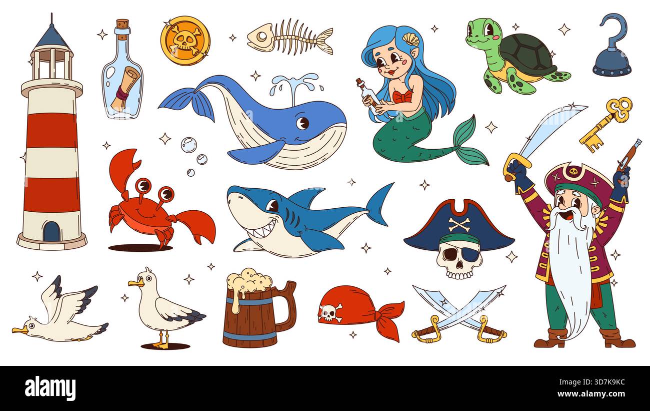 Cartoon groovy pirate and mermaid characters, corsair objects and sea ...