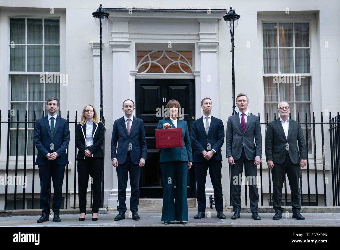 Chancellor of the Exchequer Rachel Reeves (centre) poses outside 11 ...