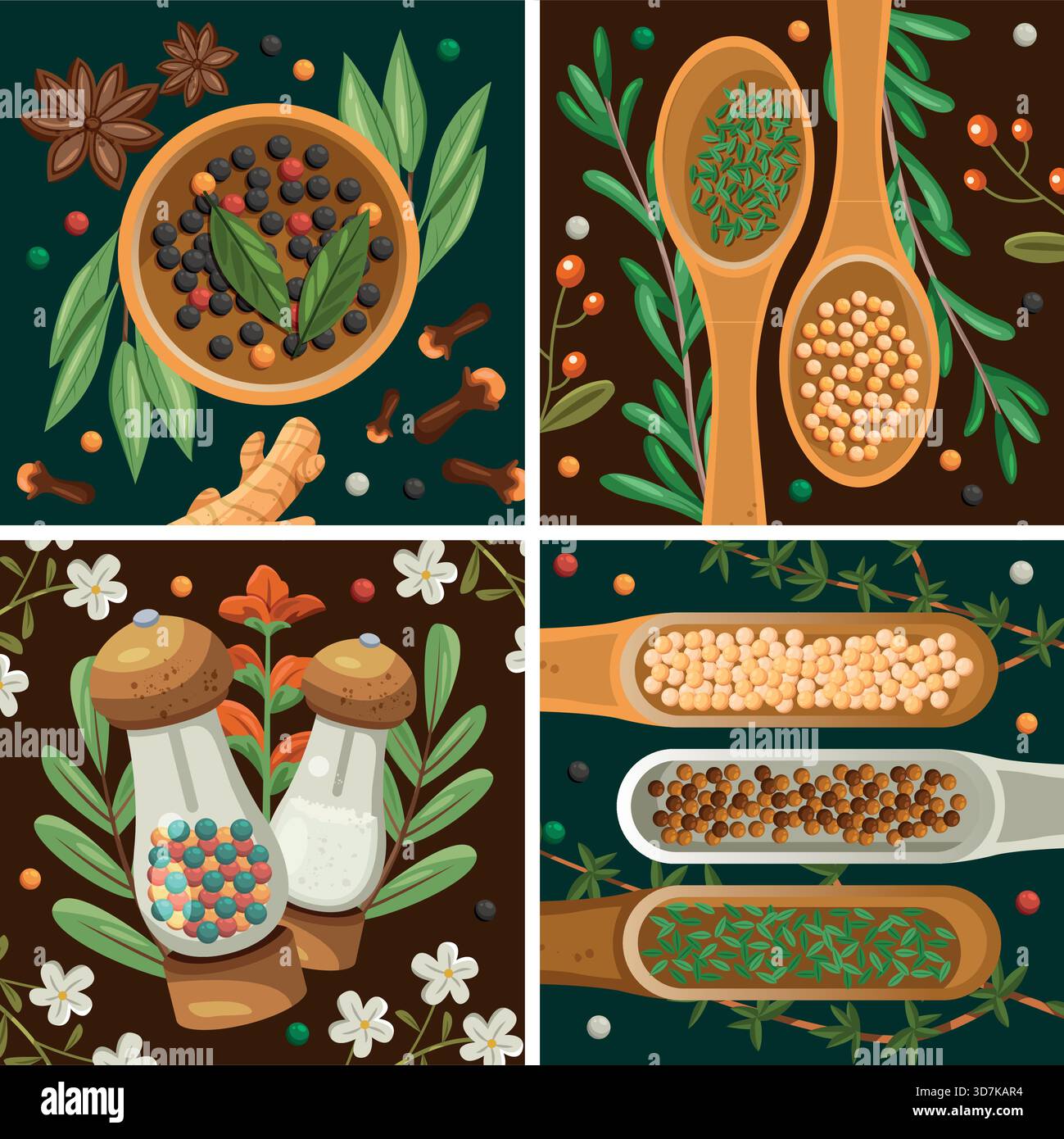 Four‑panel spice collage with herbs spoons bottles and seeds flat ...
