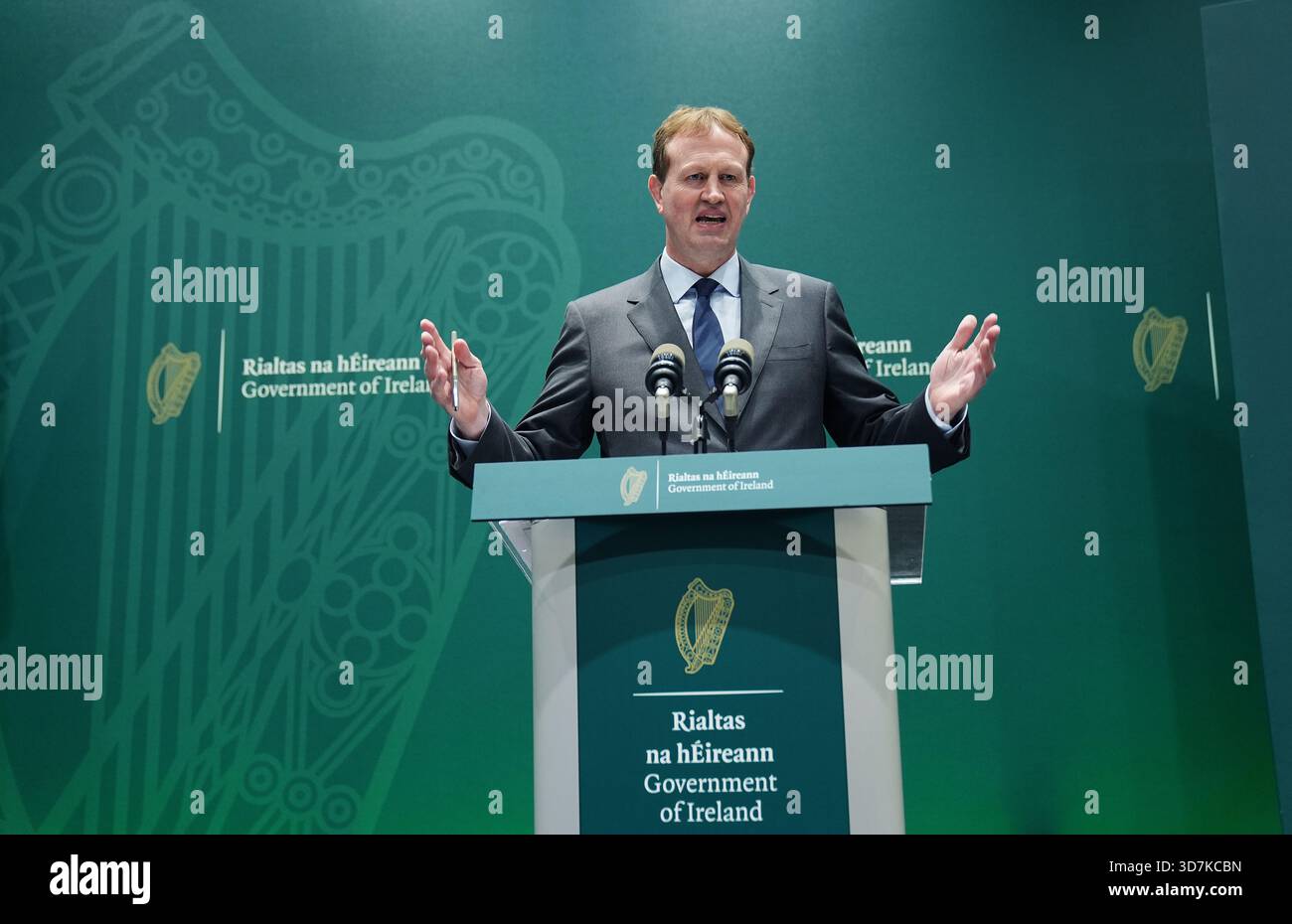 Minister for Justice Jim O'Callaghan speaking to the media at ...