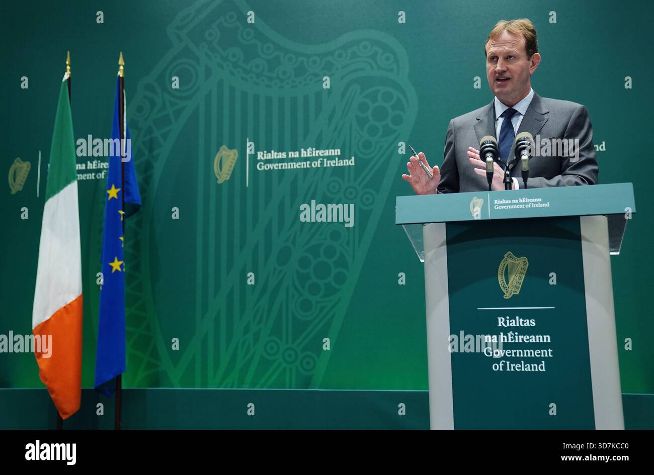 Minister for Justice Jim O'Callaghan speaking to the media at ...