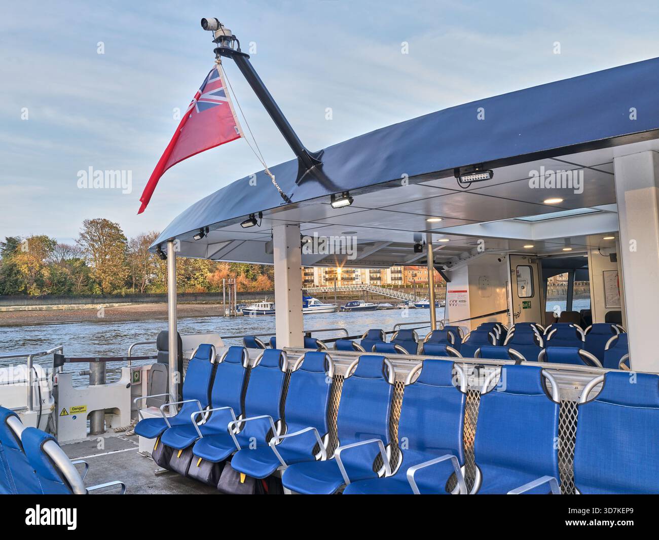 Vacant seats on an Uber Thames clipper bus boat, London, England Stock ...
