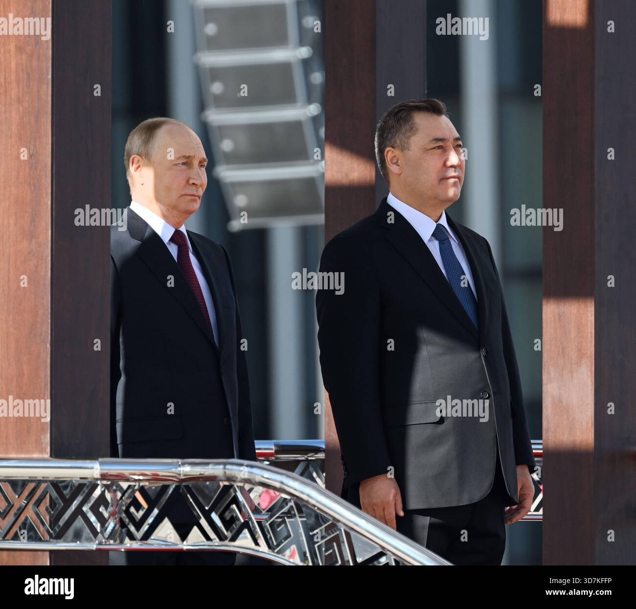 Russian President Vladimir Putin (left) and Kyrgyz President Sadyr ...