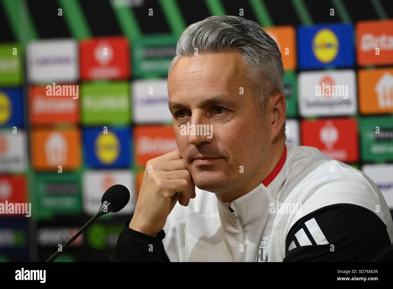 Coach of Sigma Olomouc Tomas Janotka speaks during the press conference ...